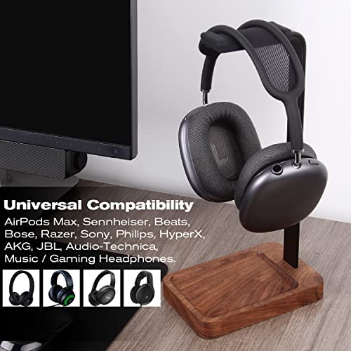 Walnut Wood & Aluminum Headset Holder, PHERKORM Desktop Headphone Stand, Universal Headphone Holder for Most Music Gaming headsets - Black Walnut