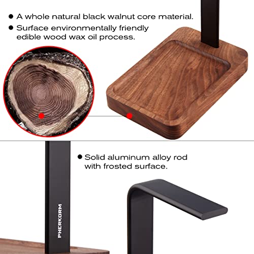 Walnut Wood & Aluminum Headset Holder, PHERKORM Desktop Headphone Stand, Universal Headphone Holder for Most Music Gaming headsets - Black Walnut