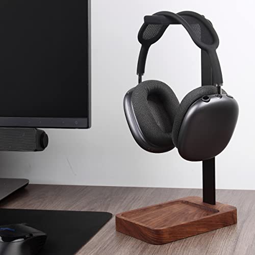 Walnut Wood & Aluminum Headset Holder, PHERKORM Desktop Headphone Stand, Universal Headphone Holder for Most Music Gaming headsets - Black Walnut