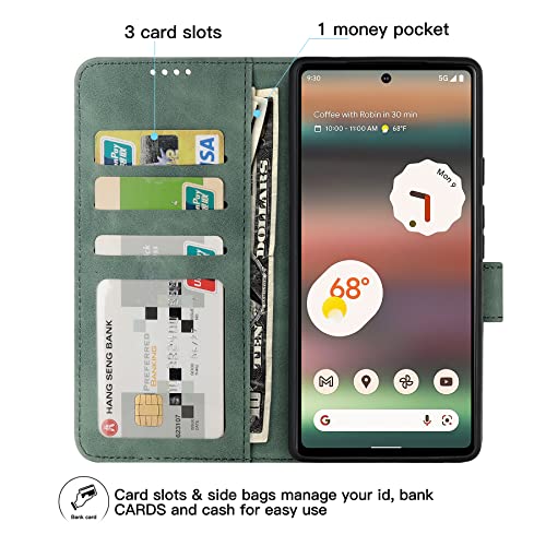 Eastcoo Google Pixel 6a Wallet Case - PU Leather, TPU Bumper, 3 Card Slots, Stand, Magnetic Closure, Shockproof, Green