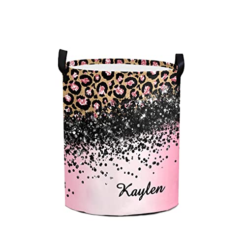 Personalized Laundry Basket,Pink Leopard Print Custom Storage Bins Laundry Hamper with Name Collapsible Toys Organizer Gift