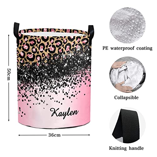 Personalized Laundry Basket,Pink Leopard Print Custom Storage Bins Laundry Hamper with Name Collapsible Toys Organizer Gift