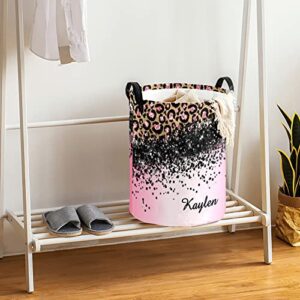 Personalized Laundry Basket,Pink Leopard Print Custom Storage Bins Laundry Hamper with Name Collapsible Toys Organizer Gift