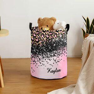 Personalized Laundry Basket,Pink Leopard Print Custom Storage Bins Laundry Hamper with Name Collapsible Toys Organizer Gift