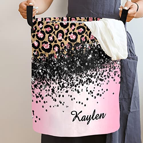 Personalized Laundry Basket,Pink Leopard Print Custom Storage Bins Laundry Hamper with Name Collapsible Toys Organizer Gift