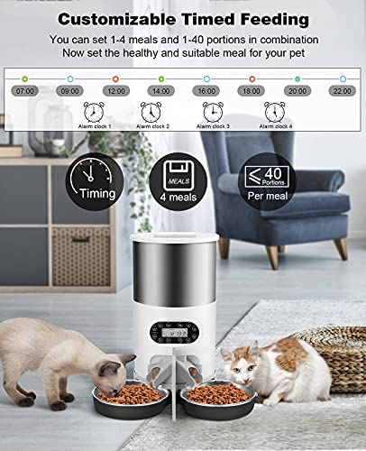 SLDPET Cat Feeder Automatic for 2 Cats 304 Stainless Steel Timed Cat Food Dispenser for Cats & Small Dog 4.5L with 2-Way Splitter with APP Control,10s Voice Recorder, Dual Power Supply