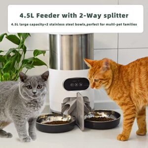 SLDPET Cat Feeder Automatic for 2 Cats 304 Stainless Steel Timed Cat Food Dispenser for Cats & Small Dog 4.5L with 2-Way Splitter with APP Control,10s Voice Recorder, Dual Power Supply