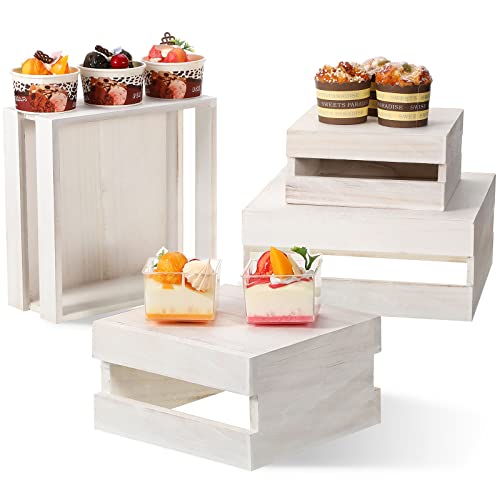 4 Pieces Wood Cupcake Display Stand Whitewashed Decorative Dessert Appetizer Cake Stand Risers Wooden Crate Rustic Cake Stand Wood Risers for Decor Wooden Crate Style Storage Organizer for Party