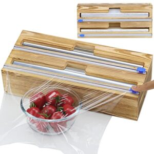 2 in 1 wood plastic wrap dispenser with cutter, foil plastic wrap roll organizer for kitchen drawer, aluminum foil, wax paper, parchment, saran wrap dispenser for organization and storage