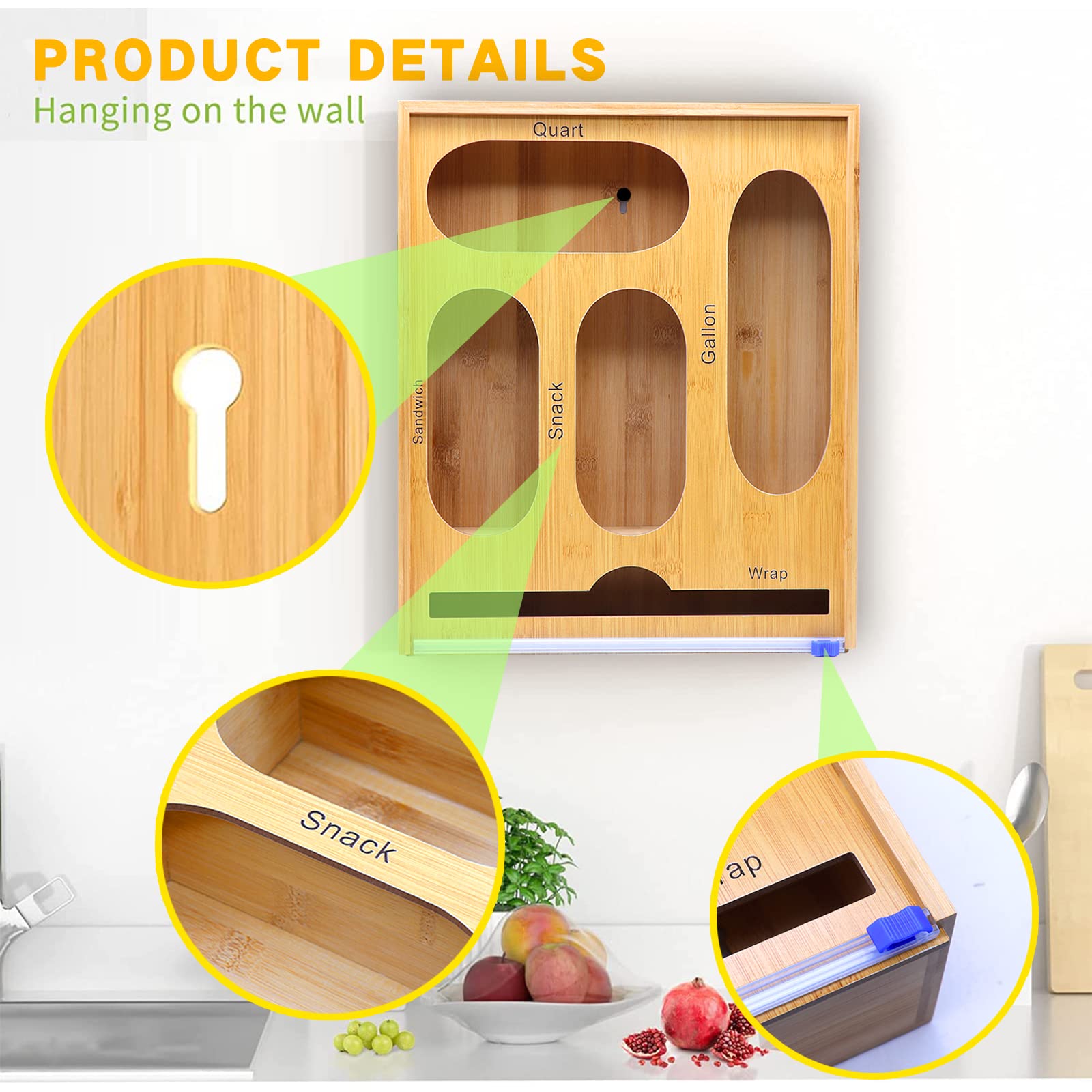 Elsqolro ZipLock Bag Organizer Dispenser for Kitchen Drawer Plastic Wrap Organizer for Drawer with Cutter Bamboo Baggie Organizer and Wrap Holder