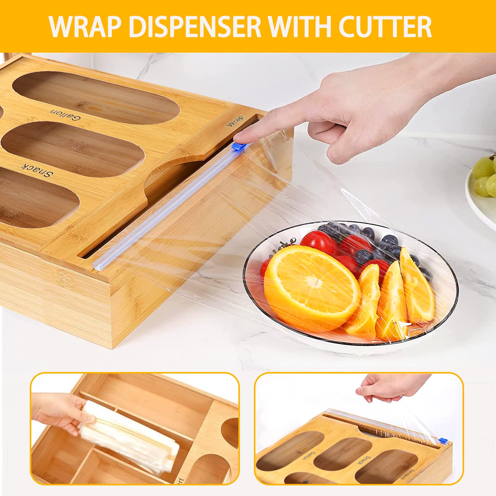 Elsqolro ZipLock Bag Organizer Dispenser for Kitchen Drawer Plastic Wrap Organizer for Drawer with Cutter Bamboo Baggie Organizer and Wrap Holder