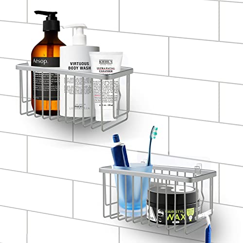 SunnyPoint Aluminum NeverRust Shower Caddy Basket Organizer Storage Shelf Rack; Adhesive Installation Pad Included (Set of 2, Grey)