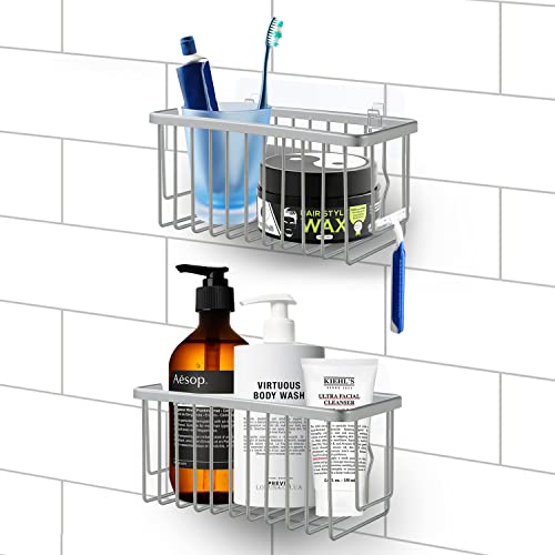 SunnyPoint Aluminum NeverRust Shower Caddy Basket Organizer Storage Shelf Rack; Adhesive Installation Pad Included (Set of 2, Grey)