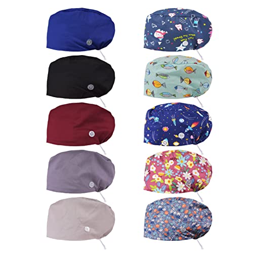 10 Pieces Working Hat with Buttons and Sweatband, Adjustable Bouffant Scrub Caps Women Men Nursing Caps for Nurses (10:5 Printed+5 Solid)