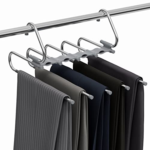 TECHMILLY Magic Pants Hangers Space Saving with Clips, 1 Pack Non-Slip Closet Organizer Hanger, Multi Use 5 in 1 Rack for Jeans, Trousers, Leggings (Gray)