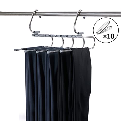 TECHMILLY Magic Pants Hangers Space Saving with Clips, 1 Pack Non-Slip Closet Organizer Hanger, Multi Use 5 in 1 Rack for Jeans, Trousers, Leggings (Gray)