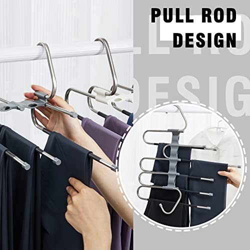 TECHMILLY Magic Pants Hangers Space Saving with Clips, 1 Pack Non-Slip Closet Organizer Hanger, Multi Use 5 in 1 Rack for Jeans, Trousers, Leggings (Gray)