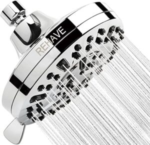 shower head, rehave rainfall showerhead, 5.1 inches high-pressure with 63 jets 8 spray modes - replacement for bathroom shower heads - anti-clogging silicone nozzles, brass angle-adjustable ball joint