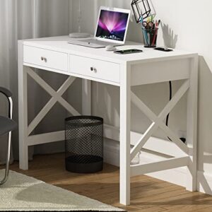 ChooChoo Computer Desk with USB Charging Ports and Power Outlets, 39" White Desk with Drawers, Small Study Writing Table with Stable X Frame for Home Office