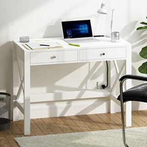 ChooChoo Computer Desk with USB Charging Ports and Power Outlets, 39" White Desk with Drawers, Small Study Writing Table with Stable X Frame for Home Office