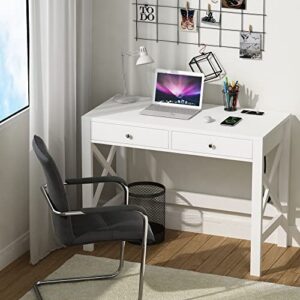 ChooChoo Computer Desk with USB Charging Ports and Power Outlets, 39" White Desk with Drawers, Small Study Writing Table with Stable X Frame for Home Office