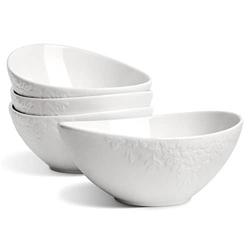 toptier Porcelain Bowls - 28 Ounce for Cereal, Salad, Desserts, Leaf Design Bowl - Set of 4, White