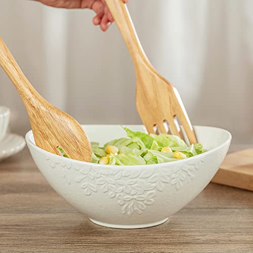 toptier Porcelain Bowls - 28 Ounce for Cereal, Salad, Desserts, Leaf Design Bowl - Set of 4, White