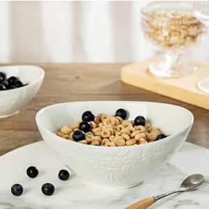 toptier Porcelain Bowls - 28 Ounce for Cereal, Salad, Desserts, Leaf Design Bowl - Set of 4, White