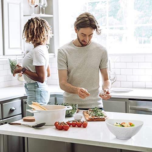 toptier Porcelain Bowls - 28 Ounce for Cereal, Salad, Desserts, Leaf Design Bowl - Set of 4, White