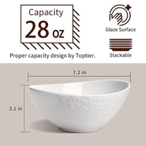 toptier Porcelain Bowls - 28 Ounce for Cereal, Salad, Desserts, Leaf Design Bowl - Set of 4, White