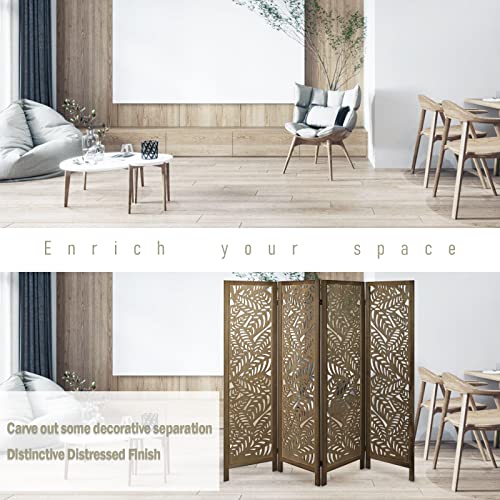 ECOMEX Room Dividers, 5.6 FT Tall Carved Room Dividers and Folding Privacy Screens, 4 Panel Wood Privacy Screen,Divide Space, Asian Style, Decorative Room(Brown)