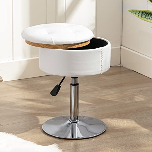 LUE BONA 360°Swivel Vanity Stool Chair for Makeup Room, Height Adjustable Stool for Vanity with Storage, Small White Faux Leather Vanity Stool for Bathroom, Living Room