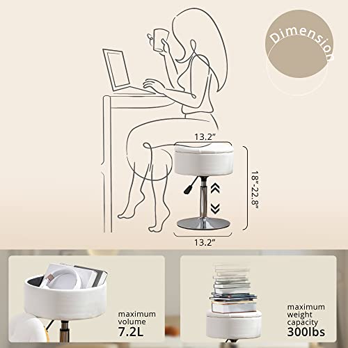 LUE BONA 360°Swivel Vanity Stool Chair for Makeup Room, Height Adjustable Stool for Vanity with Storage, Small White Faux Leather Vanity Stool for Bathroom, Living Room