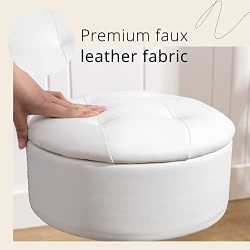 LUE BONA 360°Swivel Vanity Stool Chair for Makeup Room, Height Adjustable Stool for Vanity with Storage, Small White Faux Leather Vanity Stool for Bathroom, Living Room