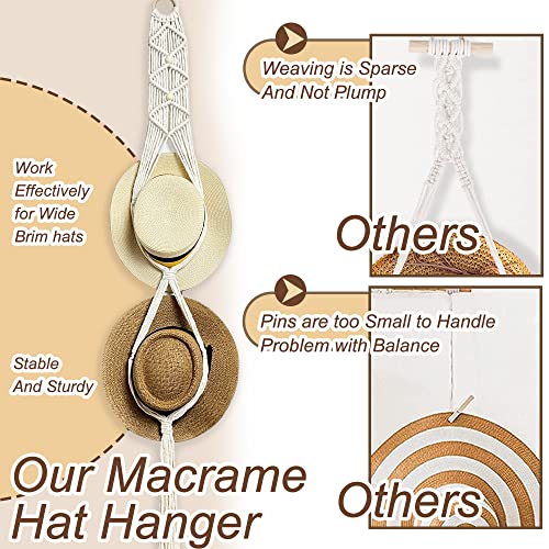 2 Pcs Boho Hat Racks for Wall, Macrame Hat Wall Hanger, Cowboy Hat Holder, Wall Hat Display Organizer Hand Weaving Hat Rack Decorative Cap Holder for Wide Brim (Boho, Off White)