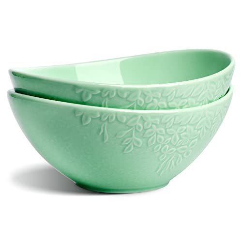 toptier Serving Bowls, 40 Ounce Large Salad Bowls, Porcelain Bowl for Salad, Fruits, Popcorn, Oval Leaf Design Bowl, Set of 2, Green