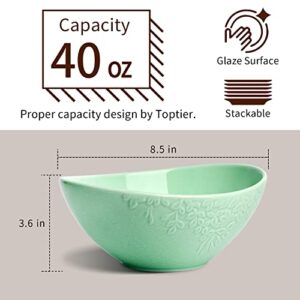 toptier Serving Bowls, 40 Ounce Large Salad Bowls, Porcelain Bowl for Salad, Fruits, Popcorn, Oval Leaf Design Bowl, Set of 2, Green