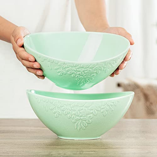 toptier Serving Bowls, 40 Ounce Large Salad Bowls, Porcelain Bowl for Salad, Fruits, Popcorn, Oval Leaf Design Bowl, Set of 2, Green