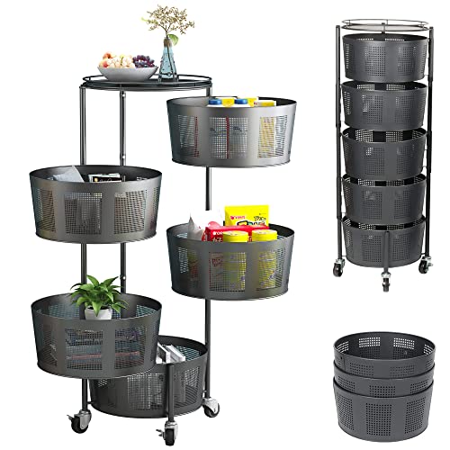 Rotating Multi-Layer Kitchen Storage Shelf 360°Rotating Vegetable Rack Round Storage Baskets Kitchen Storage Rack Floor-Standing with Wheels Household Storage Baskets for Kitchen Living Room