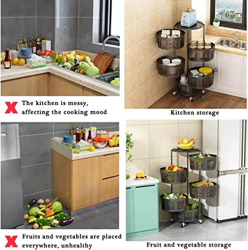 Rotating Multi-Layer Kitchen Storage Shelf 360°Rotating Vegetable Rack Round Storage Baskets Kitchen Storage Rack Floor-Standing with Wheels Household Storage Baskets for Kitchen Living Room