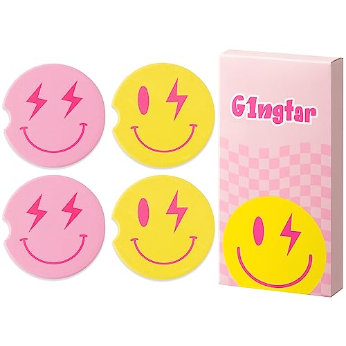 G1ngtar 4Pcs Preppy Car Coasters with Finger Notch Aesthetic Lightning Bolt Face Shaped Absorbent Ceramics Heat Resistant Anti Slip Cork Base Car Drinks Coasters Auto Accessories for College Students