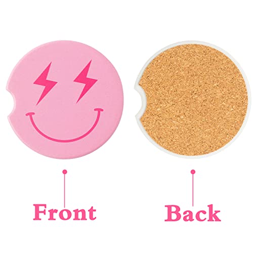 G1ngtar 4Pcs Preppy Car Coasters with Finger Notch Aesthetic Lightning Bolt Face Shaped Absorbent Ceramics Heat Resistant Anti Slip Cork Base Car Drinks Coasters Auto Accessories for College Students