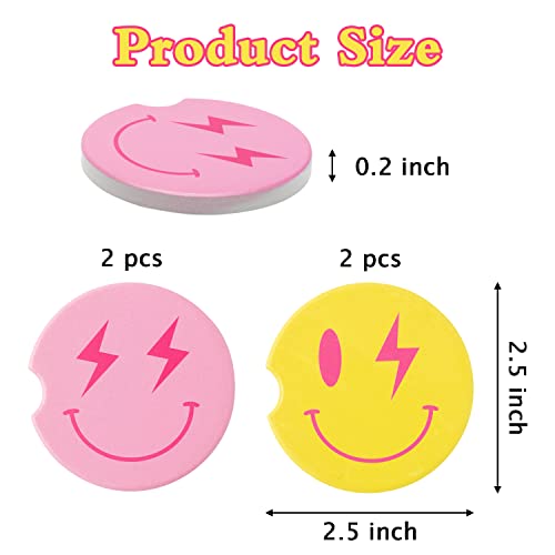 G1ngtar 4Pcs Preppy Car Coasters with Finger Notch Aesthetic Lightning Bolt Face Shaped Absorbent Ceramics Heat Resistant Anti Slip Cork Base Car Drinks Coasters Auto Accessories for College Students