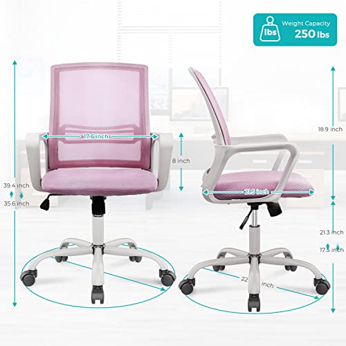 Office Chair, Desk Chair Ergonomic Pink Office Chair Computer Chair, Home Office Desk Chairs with Wheels Pink Desk Chair, Mid Back Mesh Office Chair Rolling Swivel Chair with Lumbar Support Armrests