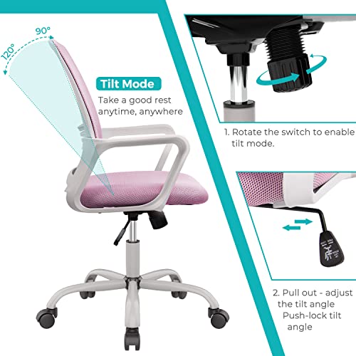 Office Chair, Desk Chair Ergonomic Pink Office Chair Computer Chair, Home Office Desk Chairs with Wheels Pink Desk Chair, Mid Back Mesh Office Chair Rolling Swivel Chair with Lumbar Support Armrests