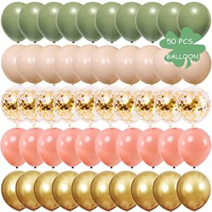 Artificial Eucalyptus Leaves Sage Green Blush And Confetti Gold Balloons, 59Pcs Sage Green Gold Pink Blush Nude Balloons with Artificial Eucalyptus for Baby Bridal Shower Birthday Safari And Sage Party Decorations Supplies