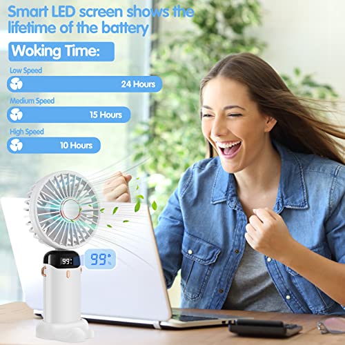 Portable Mini Fans Handheld, 5 Speeds Personal Fans with LED Screen Adjustable Cooling Fan Removable Base, 5000mAh Large Capacity Quiet USB Rechargeable Fan for Home Office Outdoor Travel-White