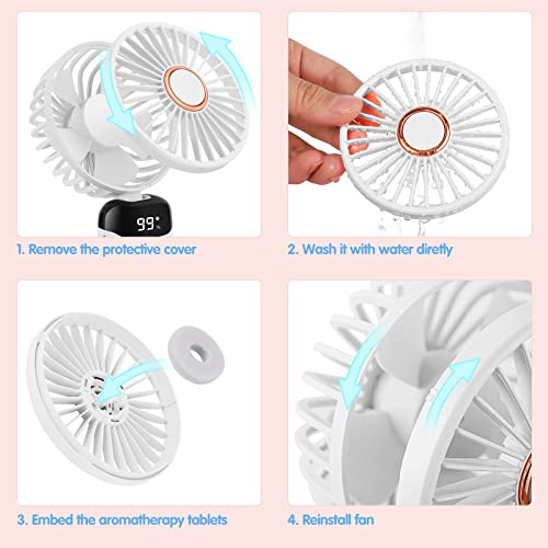 Portable Mini Fans Handheld, 5 Speeds Personal Fans with LED Screen Adjustable Cooling Fan Removable Base, 5000mAh Large Capacity Quiet USB Rechargeable Fan for Home Office Outdoor Travel-White