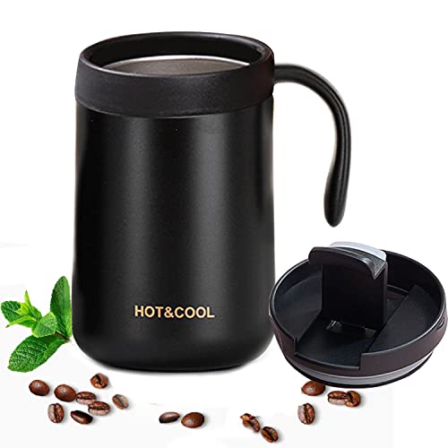 12oz/18oz Insulated Coffee Mug with Handle and Lid, Double Wall Vacuum Stainless Steel Coffee Travel Mug, Tumbler Cup，Reusable and Durable Travel Coffee Cup Thermal Cup, Black 18oz