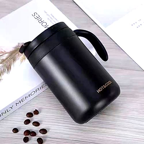 12oz/18oz Insulated Coffee Mug with Handle and Lid, Double Wall Vacuum Stainless Steel Coffee Travel Mug, Tumbler Cup，Reusable and Durable Travel Coffee Cup Thermal Cup, Black 18oz